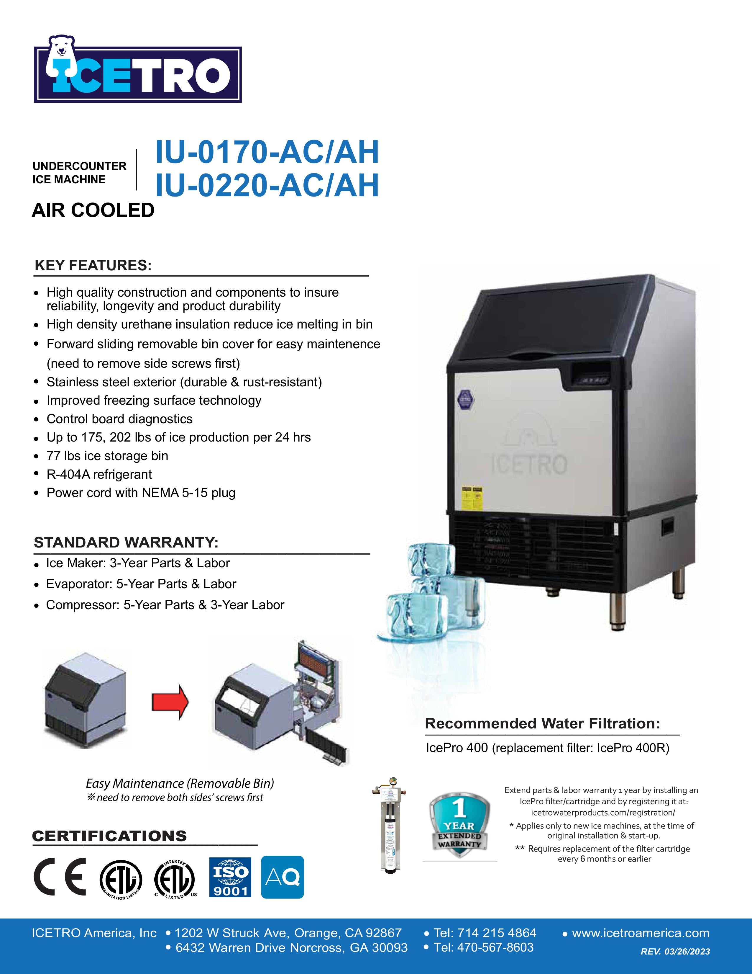 ICETRO IU-0220-AH | Undercounter Half Cube Ice Machine, 202 lbs/day, A ...